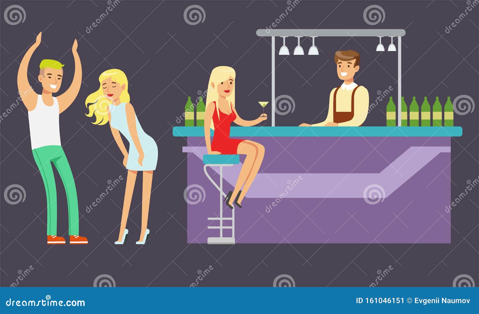 People Drinking at the Bar and Dancing in Nightclub, Bartender Serving ...