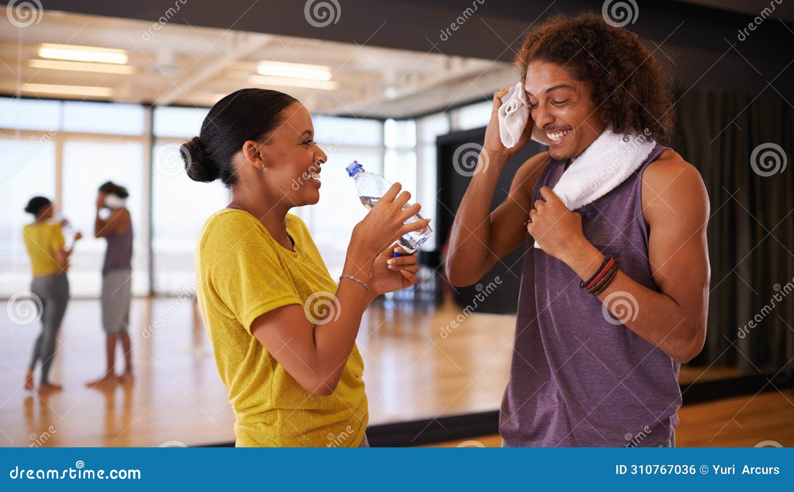 People, Drinking Water and Break in Dance Studio, Smile and Relax from ...