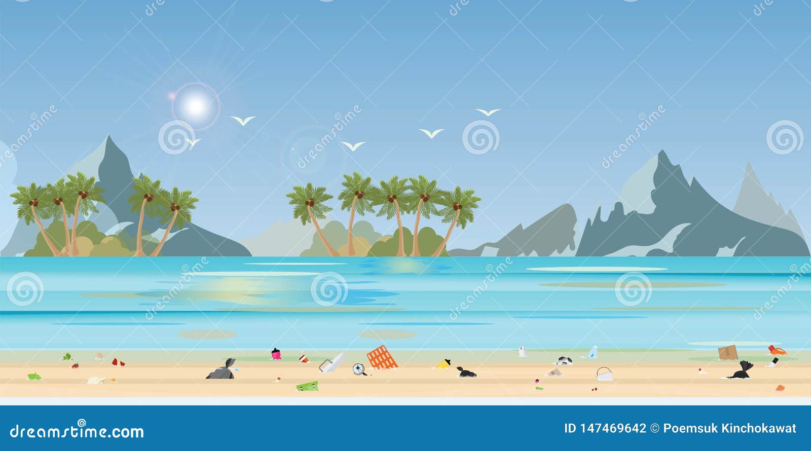 People Dumping Garbage Into The River On Modern House Village Ba ...