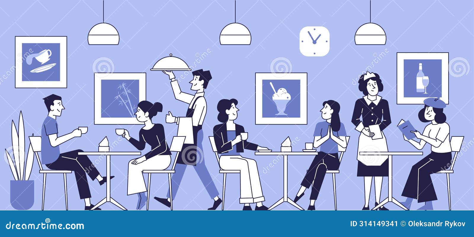 People Eat and Chat at Tables in a Restaurant. Stock Vector ...