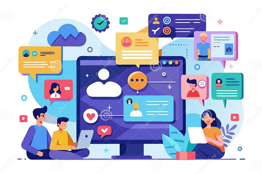 People Engage in Digital Communication Using Devices, Surrounded by ...