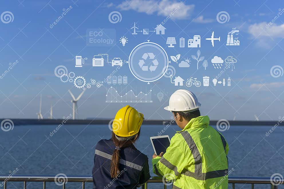 People Engineer are Wearing a Protective Helmet on Head, Using Tablet ...