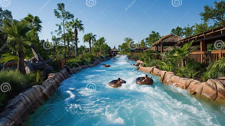 People Enjoying A Lazy River Ride At A Water Park Stock Illustration