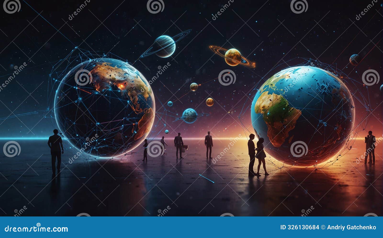 People Exploring Futuristic Space with Connected Earths and Planets ...