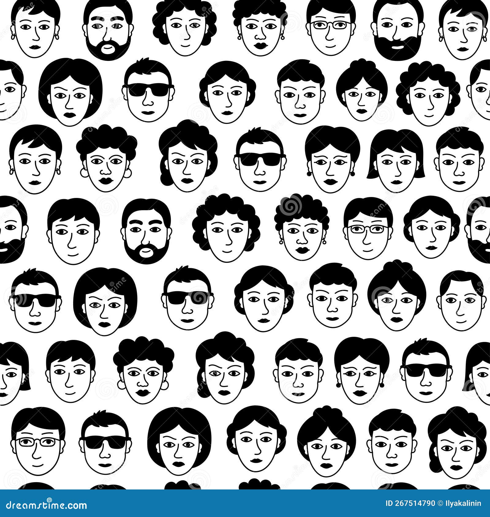 People Faces Pattern. Black and White Doodle. Vector Hand Drawn ...