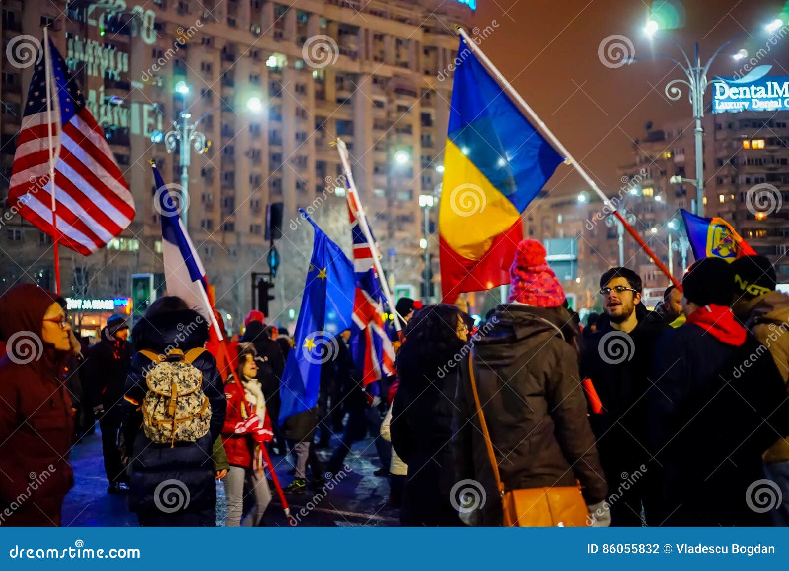 People with Flags Protesting Against Corruption, Bucharest, Romania ...