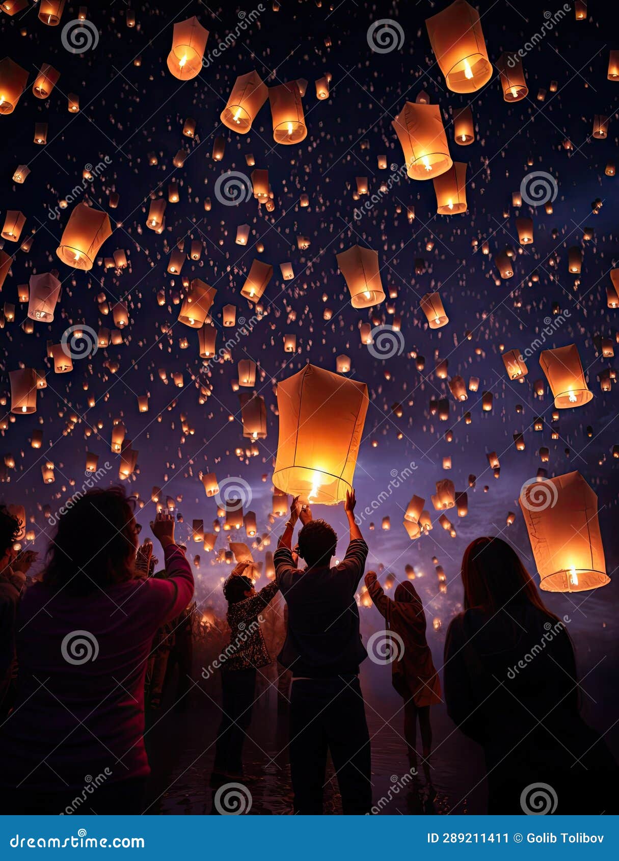 People Flying Lanterns in the Sky at Night Stock Illustration ...
