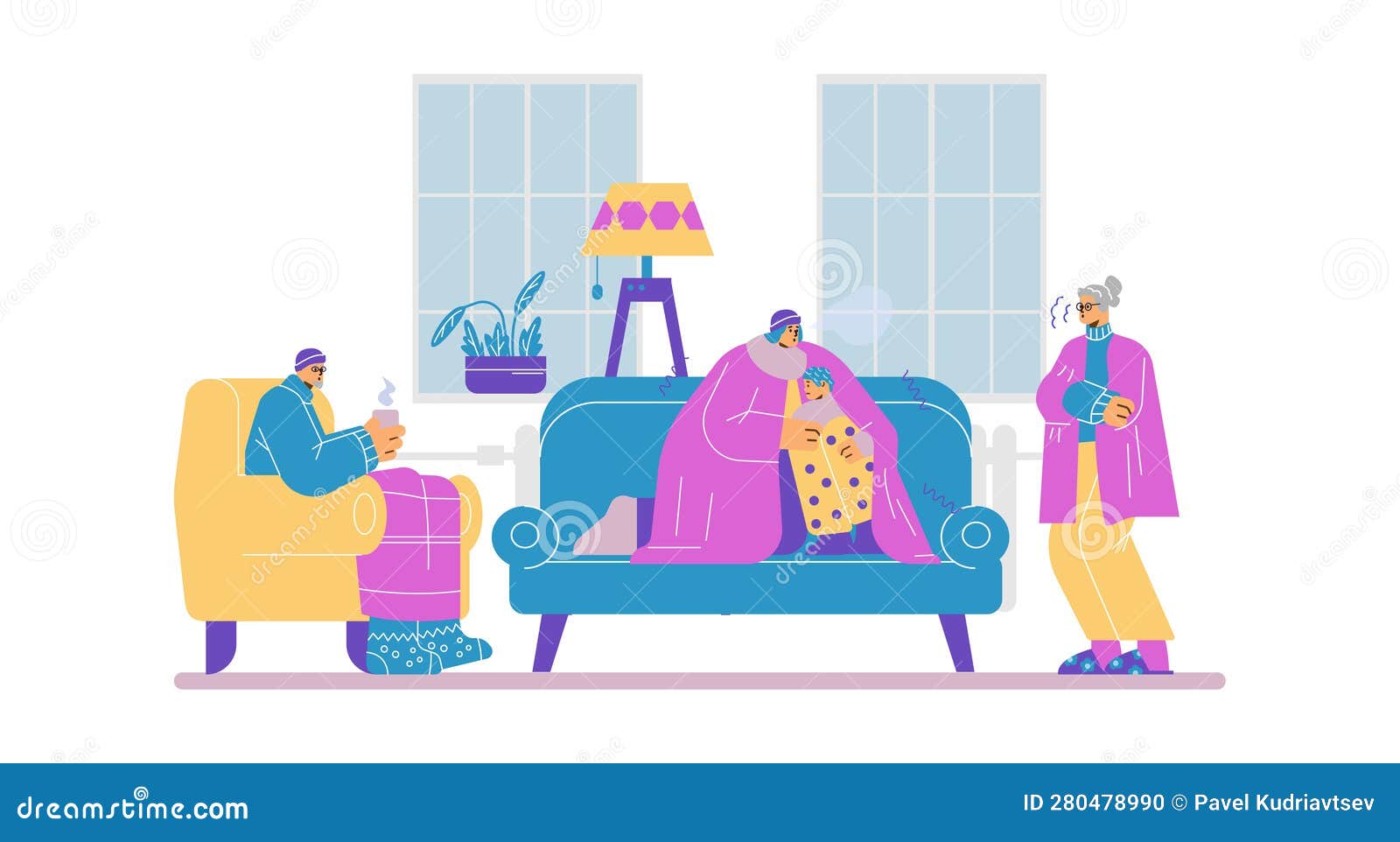 Elderly Freezing Female Character Wrapped In Warm Winter Clothes, Hat ...