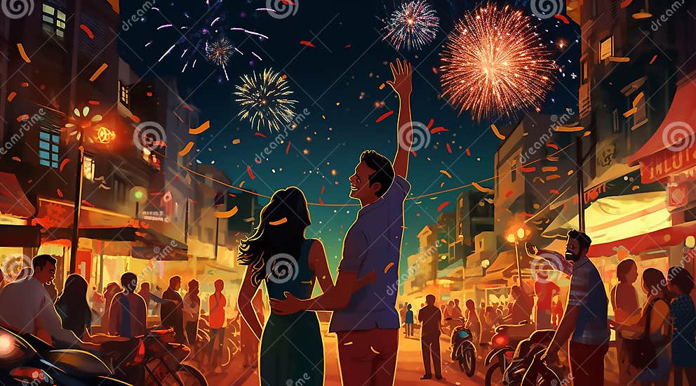 People and Friends Having a Firework in the Evening. Illustrations ...