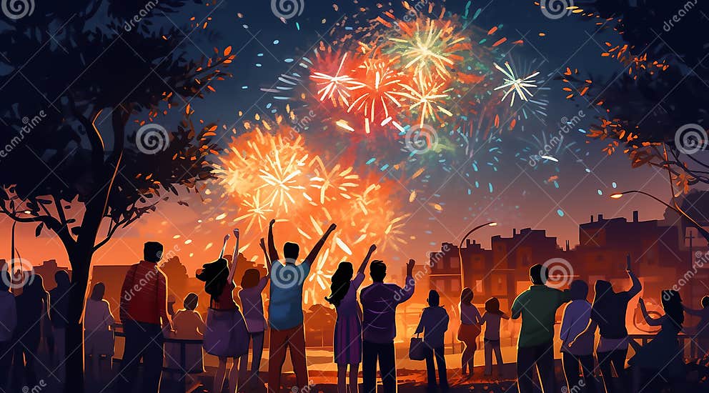 People and Friends Having a Firework in the Evening. Illustrations ...