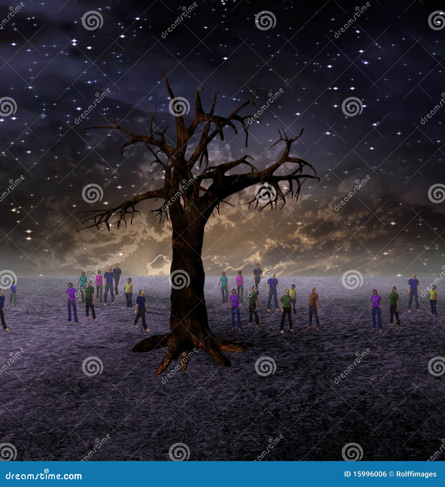 People Gather Around Large Tree Stock Illustration - Illustration of ...