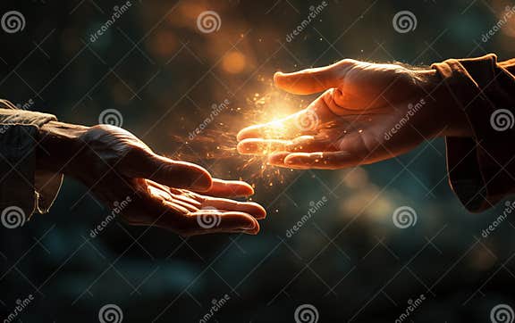 People Give Each Other a Helping Hand, Magic Light between Hands. Stock ...