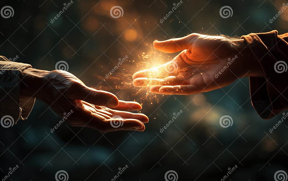 People Give Each Other a Helping Hand, Magic Light between Hands. Stock ...