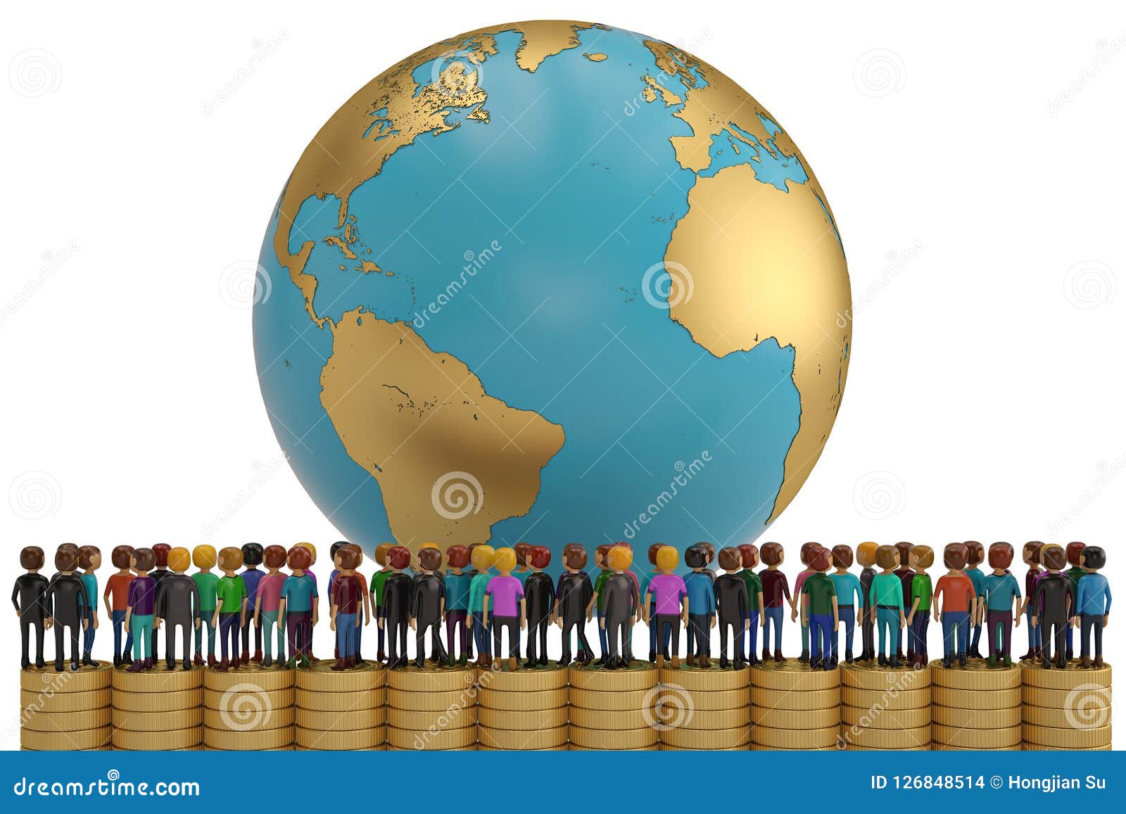 People on Gold Coin Stacks with Globe. 3D Illustration. Stock ...