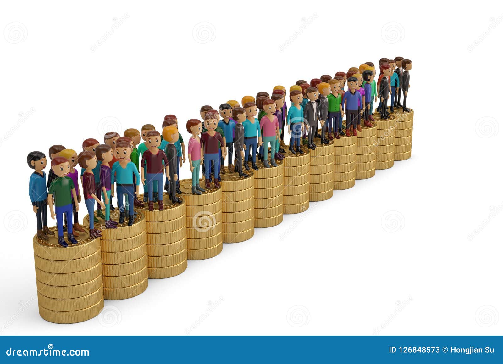 People on Gold Coin Stacks on White Background. 3D Illustration. Stock ...