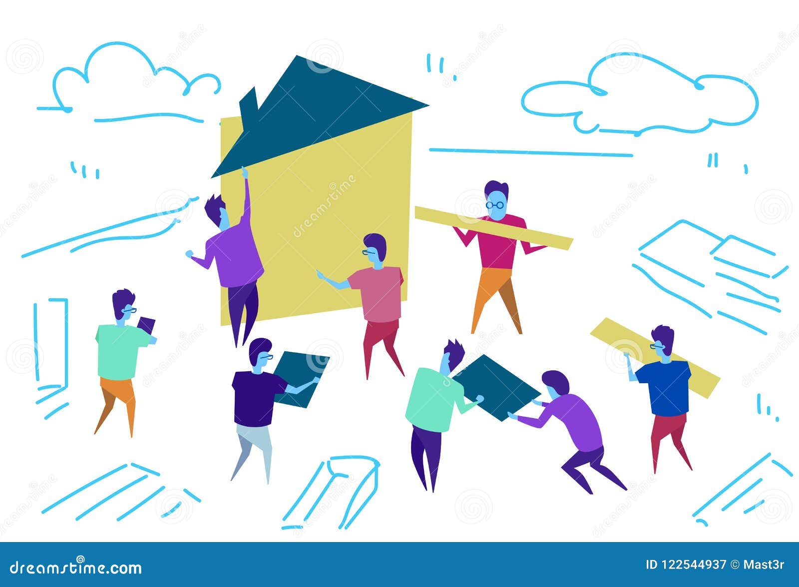 People Group Construction House Workers Team Building Process Teamwork ...