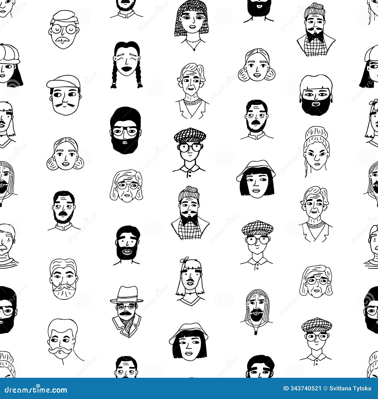 People Hand Drawn Black White Seamless Pattern. Vector Trendy Endless ...