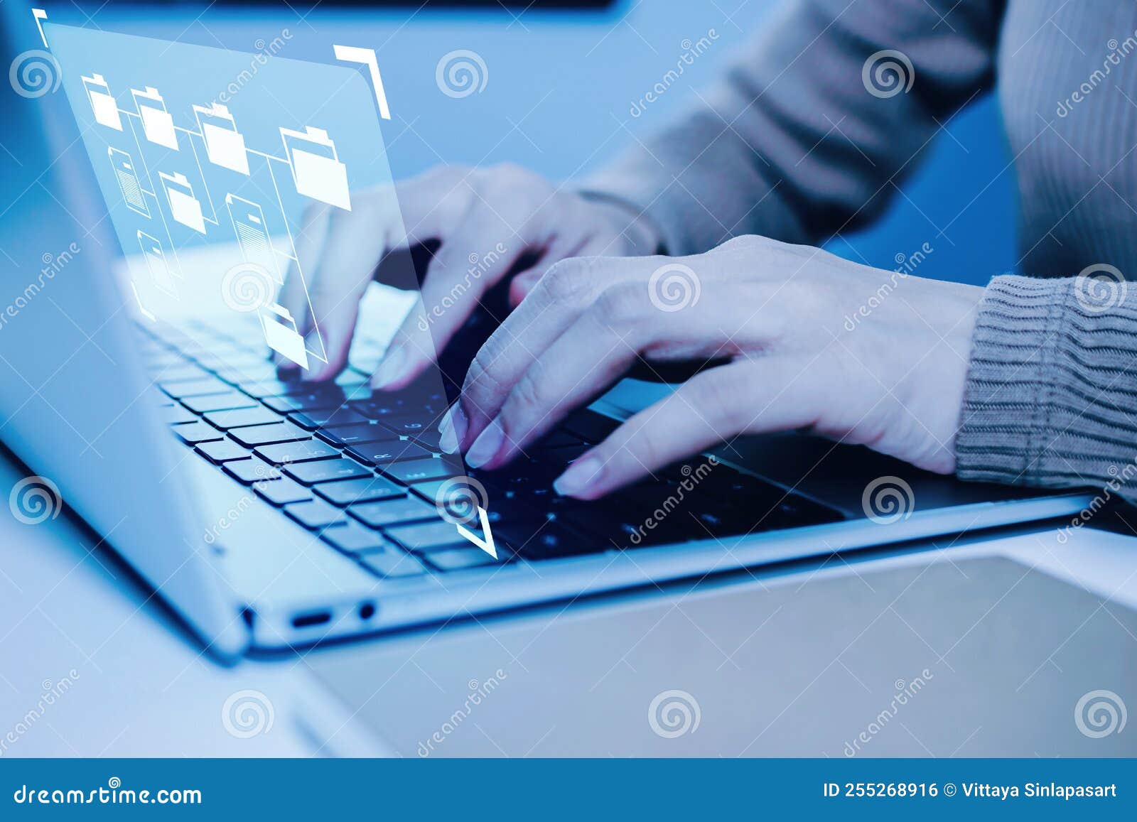 People Hand Using Laptop Computer with Virtual Graphic Icon on Desk ...