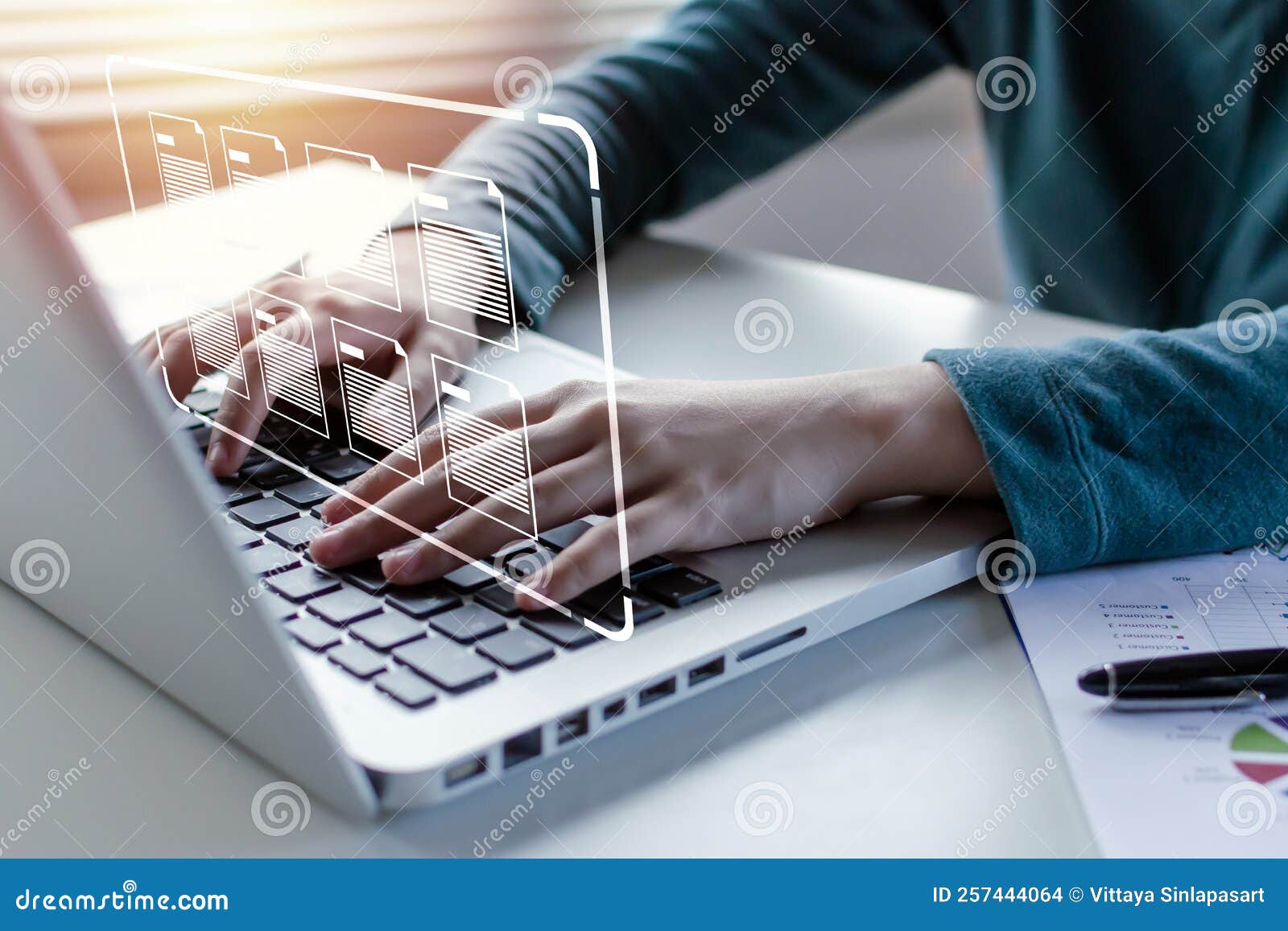 People Hand Using Laptop Computer with Virtual Graphic Icon on Desk at ...