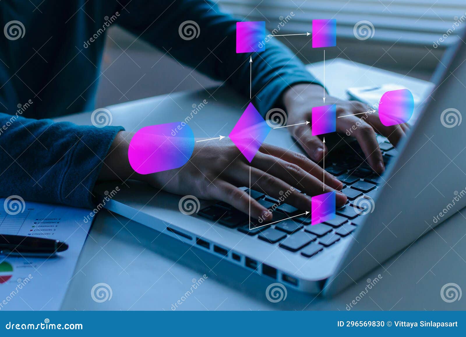 People Hand Working on Laptop Computer with Digital Flowchart Database ...