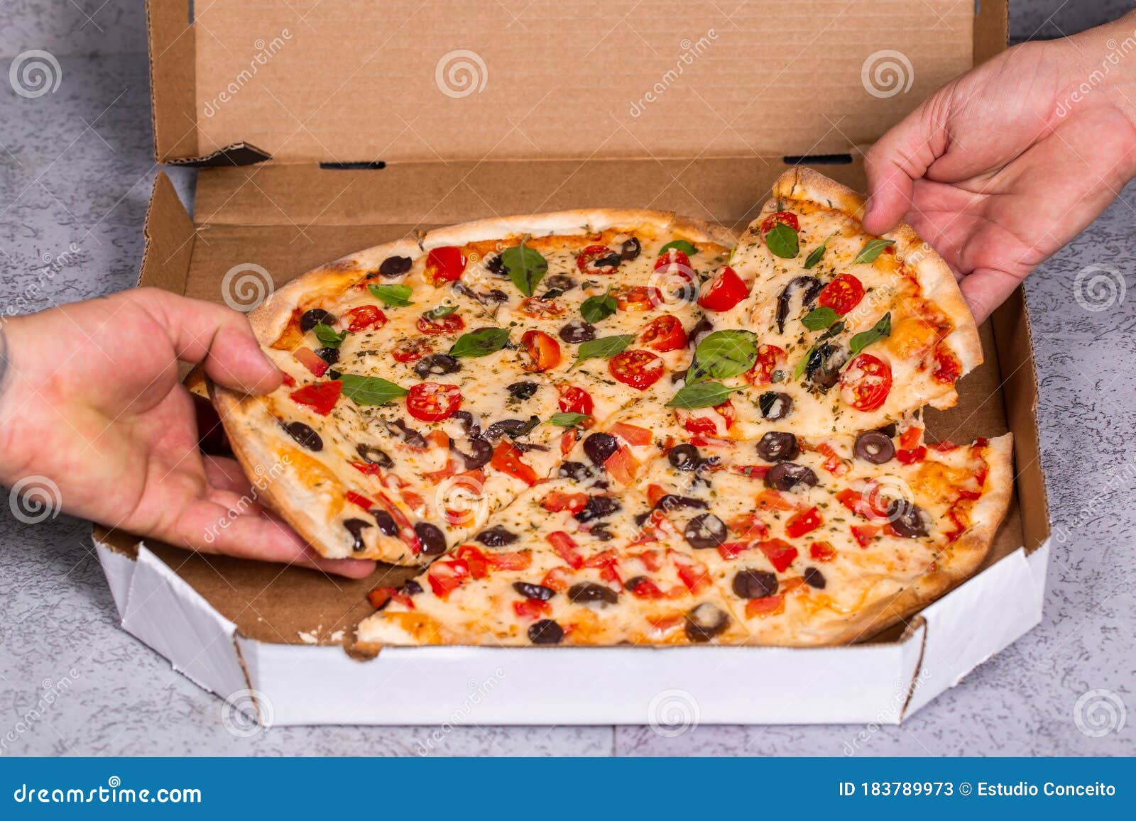 People Hands Grabbing Pizza Slice in Delivery Box Stock Image - Image ...