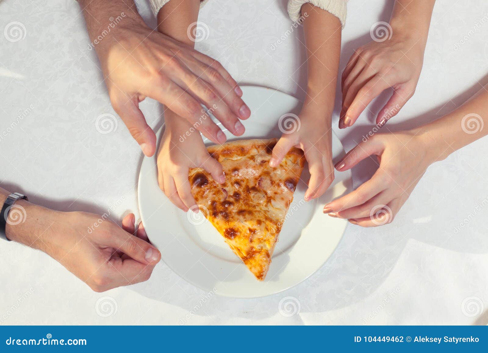 People Hands Grabbing Pizza from White Plate Stock Photo - Image of ...