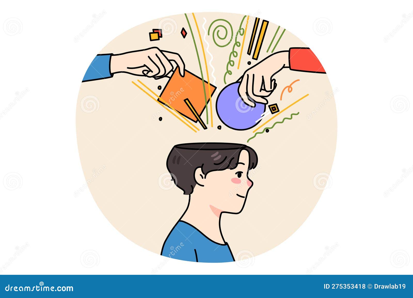 People Hands Put Objects in Man Head Stock Illustration - Illustration ...