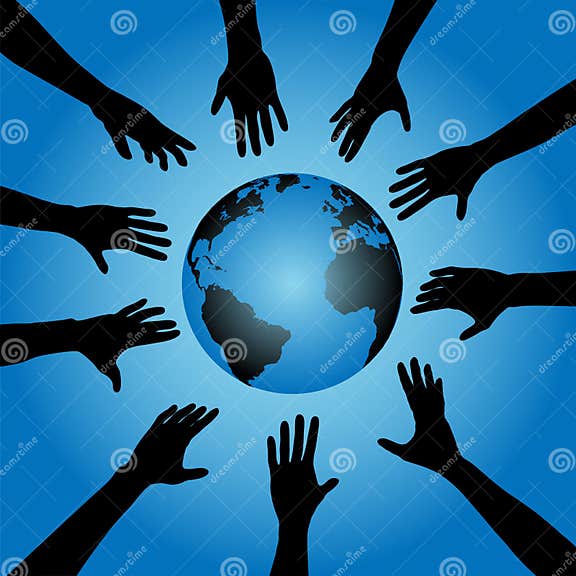 People Hands Reach for Earth Stock Vector - Illustration of outline ...