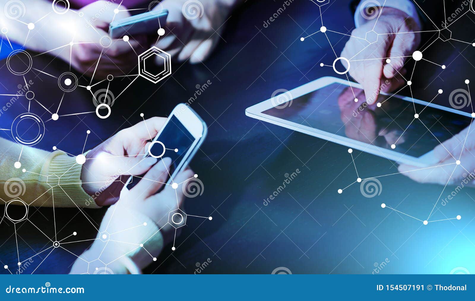 People Hands Using Mobile Phones and Digital Tablet; Multiple Exposure ...