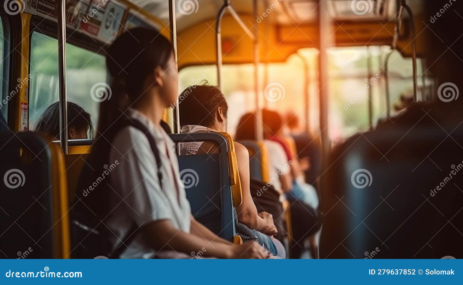 People Have a Ride in Public Transport from the Work at Sunset Time ...