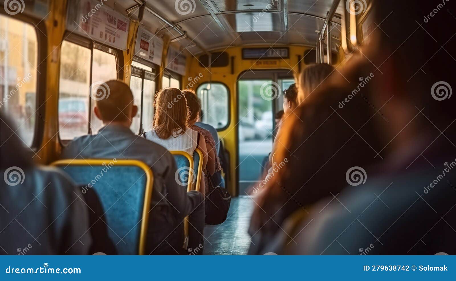 People Have a Ride in Public Transport from the Work at Sunset Time ...