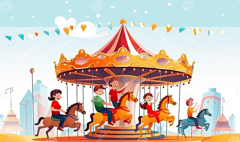 People Having Fun on a Whirling Carousel Ride Stock Illustration ...