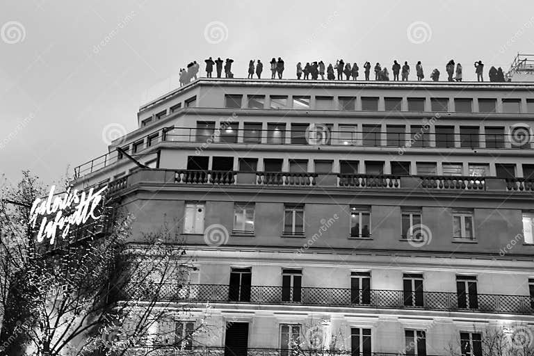 People On High Observation Rooftop Of Building Look Down Night Editorial Stock Image Image Of