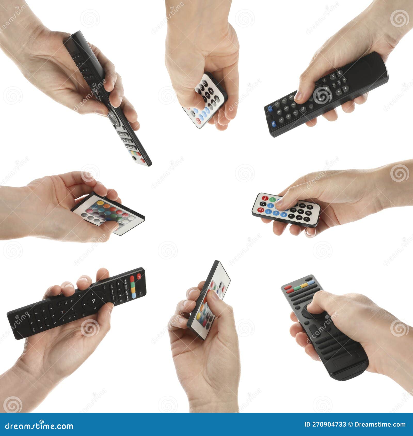 People Holding Different Remote Controllers on White Background ...