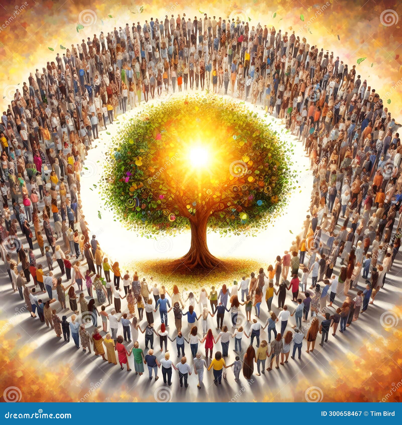 People Holding Hands Around Glowing Tree Stock Illustration ...