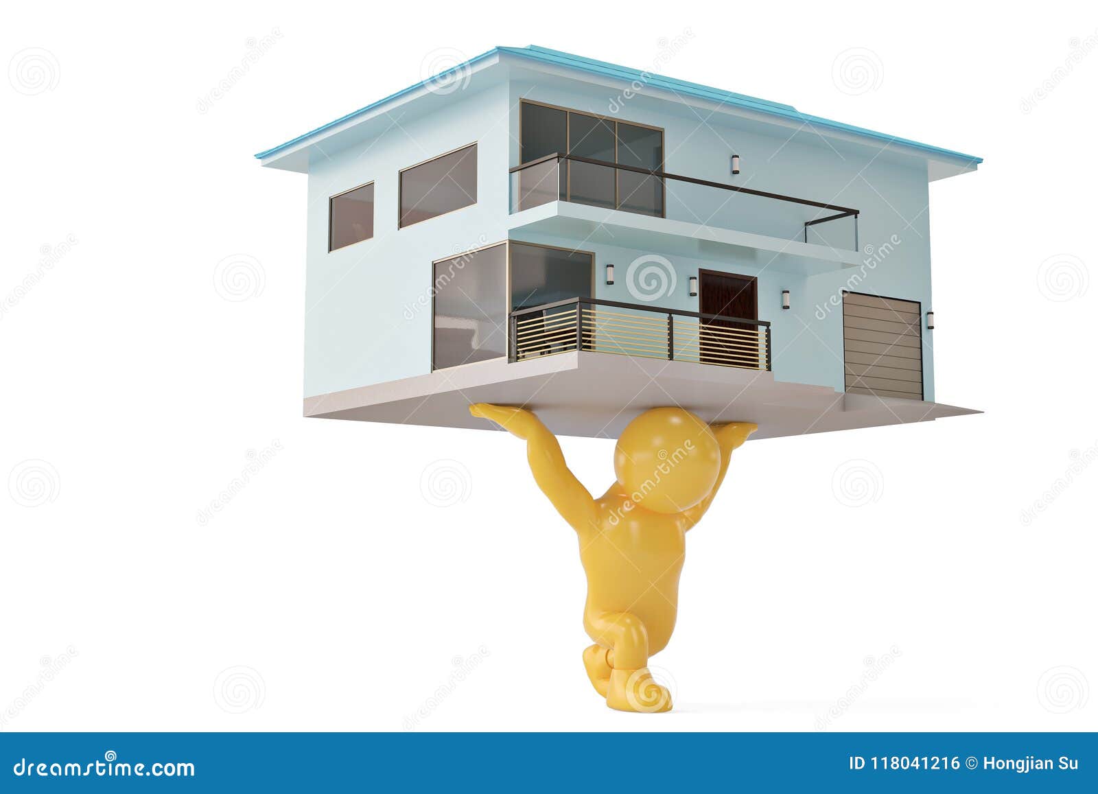 A People Human Character Lifting a House.3D Illustration. Stock ...