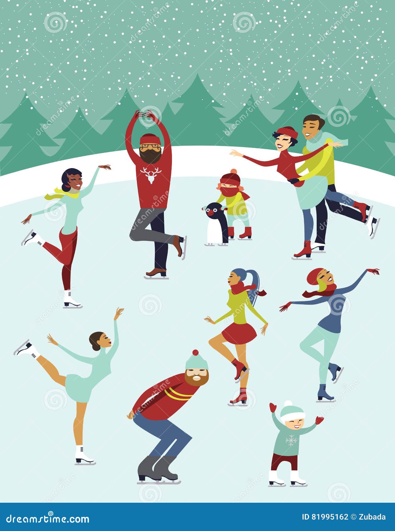 People On Ice Rink, Seamless Pattern. Happy Characters Skating, Endless ...