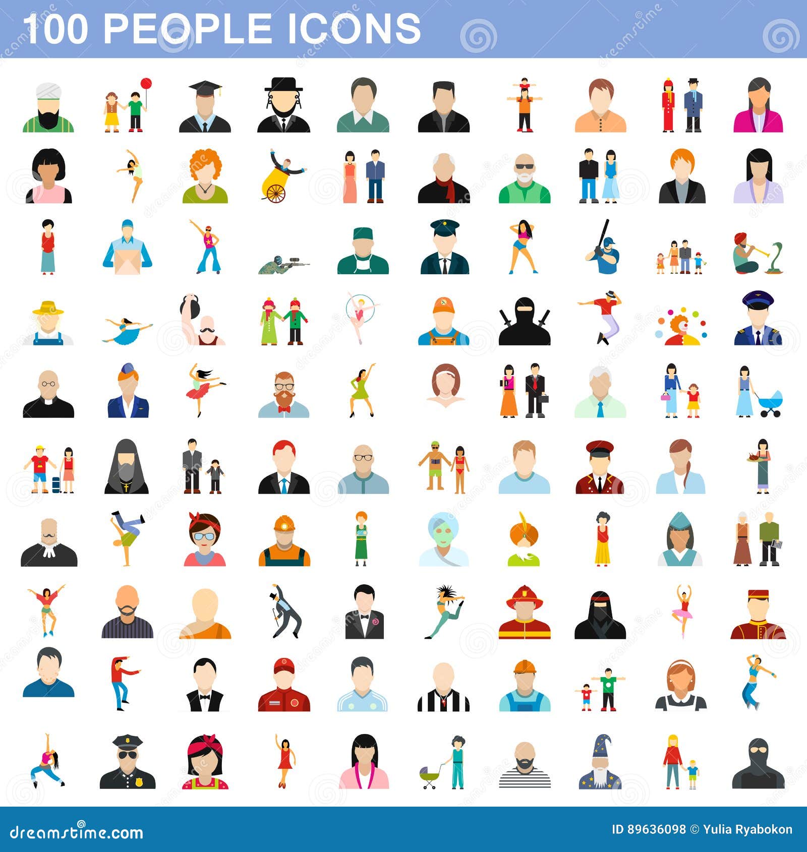 100 People Icons Set, Flat Style Stock Vector - Illustration of ...