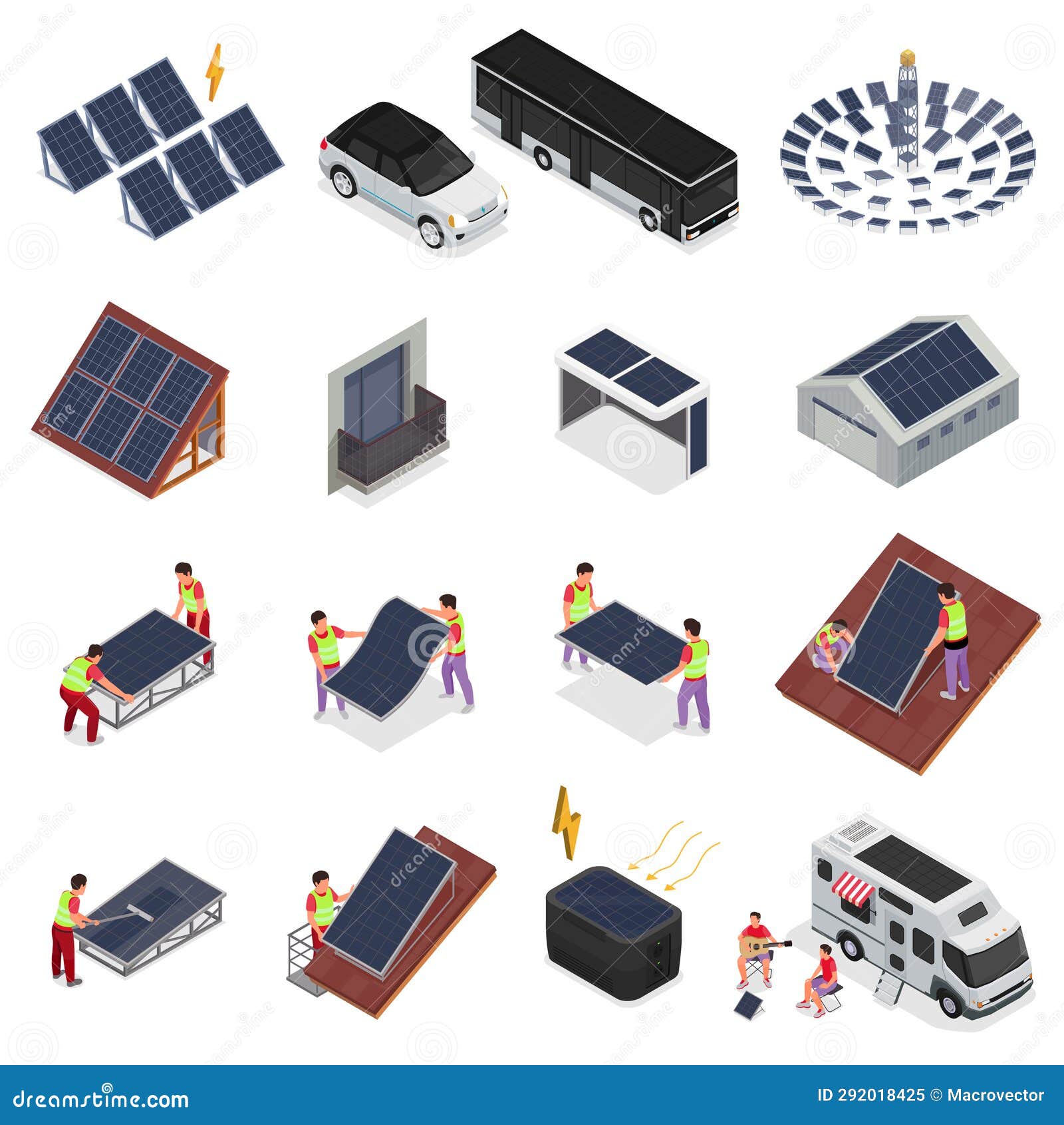 People Installing and Using Solar Panels Isometric Icon Set Stock ...