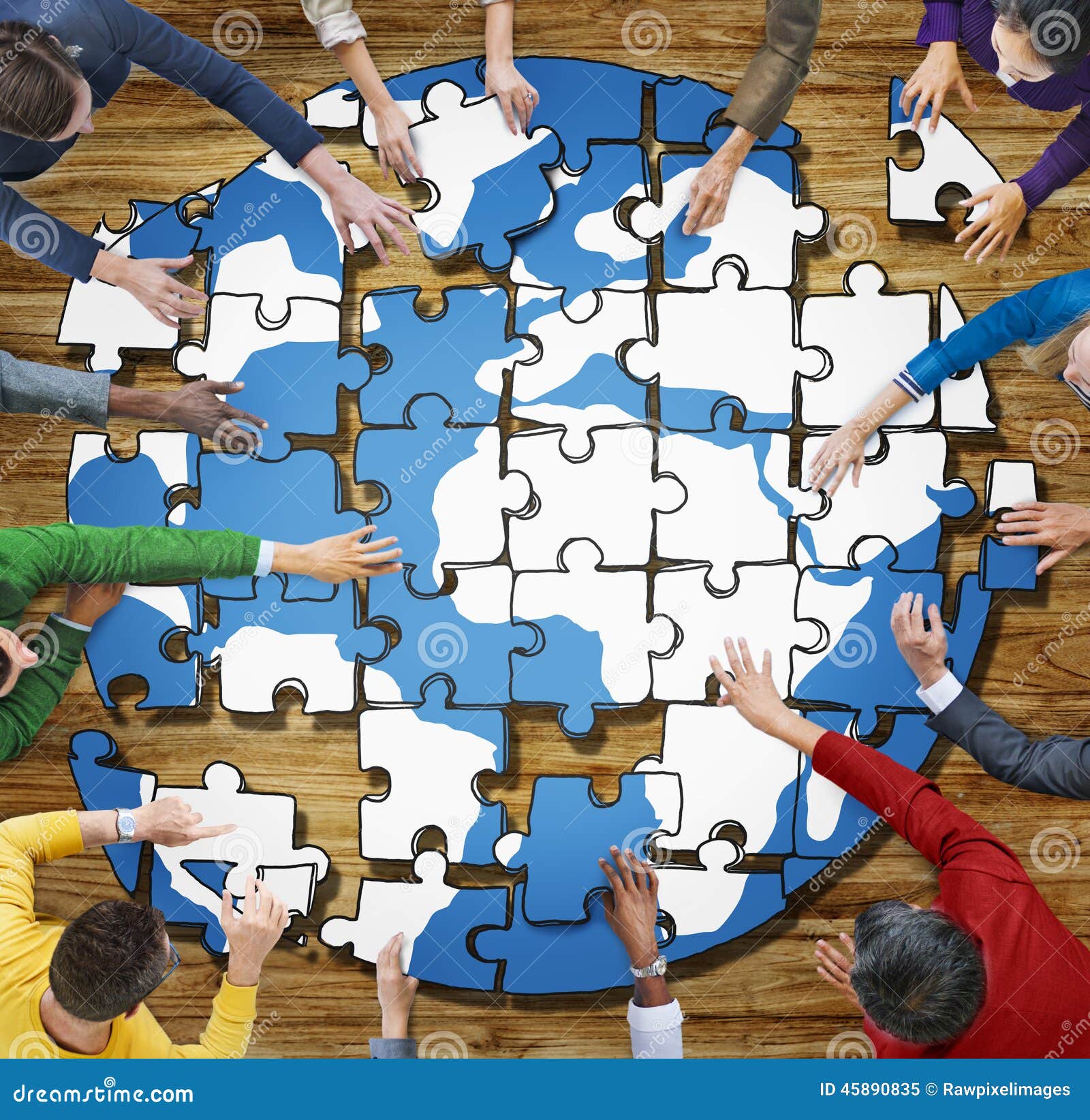 People with Jigsaw Puzzle Forming Globe Photo and Illustration Stock ...