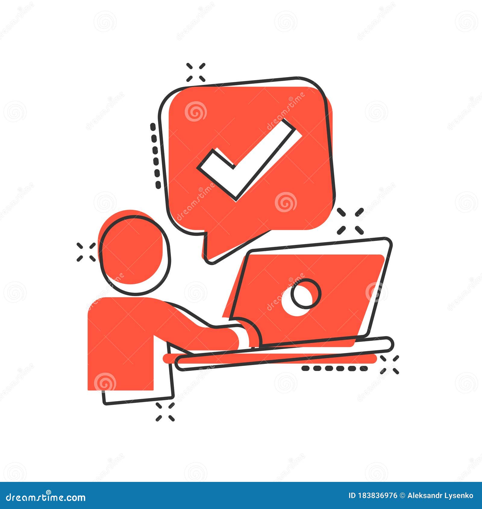 People with Laptop Computer Icon in Comic Style. Pc User Check Mark ...