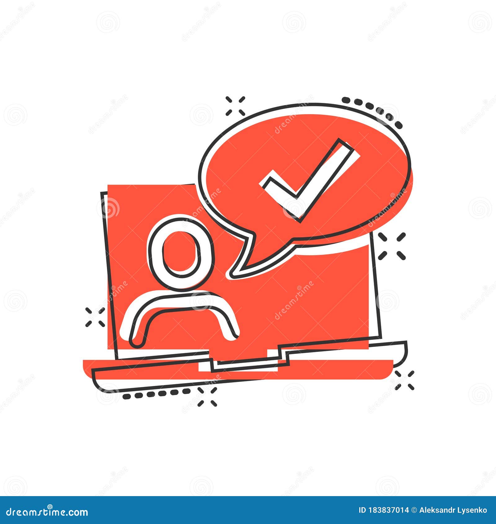 People with Laptop Computer Icon in Comic Style. Pc User Check Mark ...