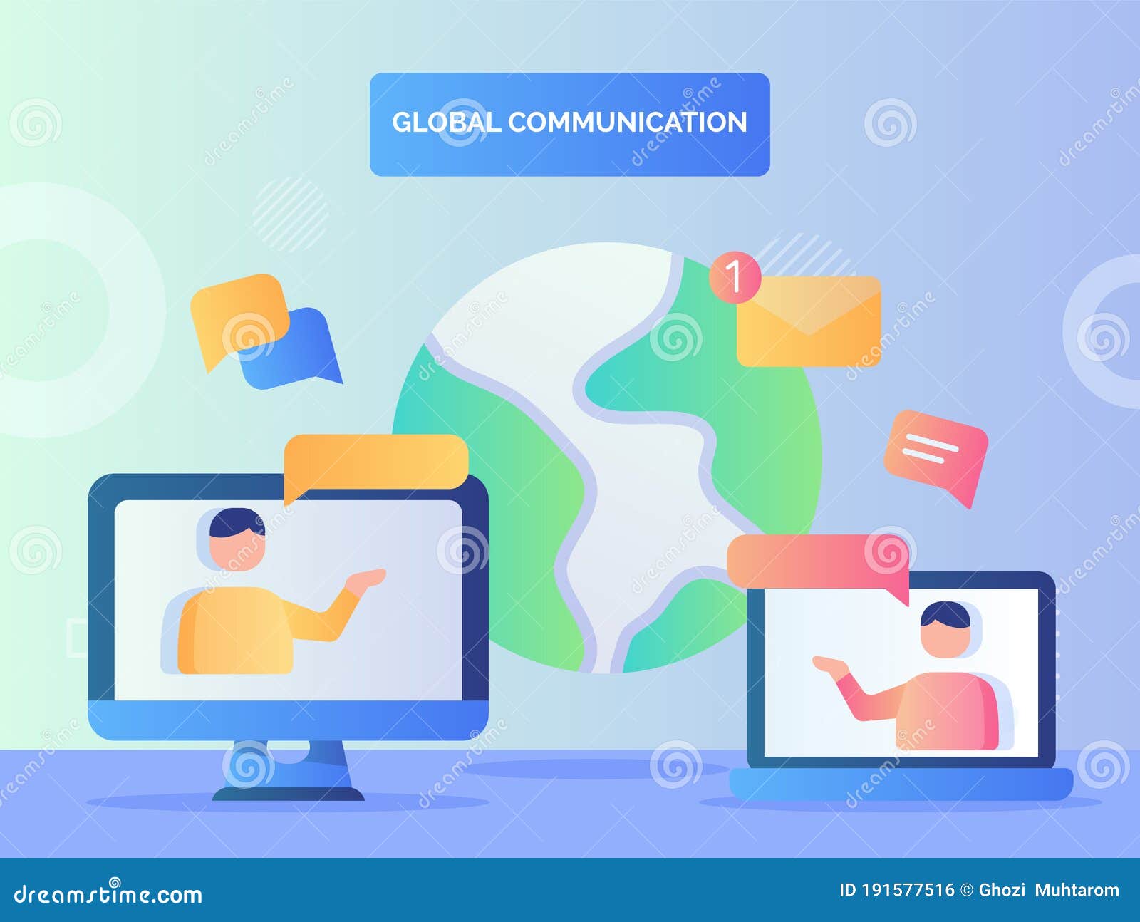 People on Laptop and Computer Screen Talking Background of Earth Global ...