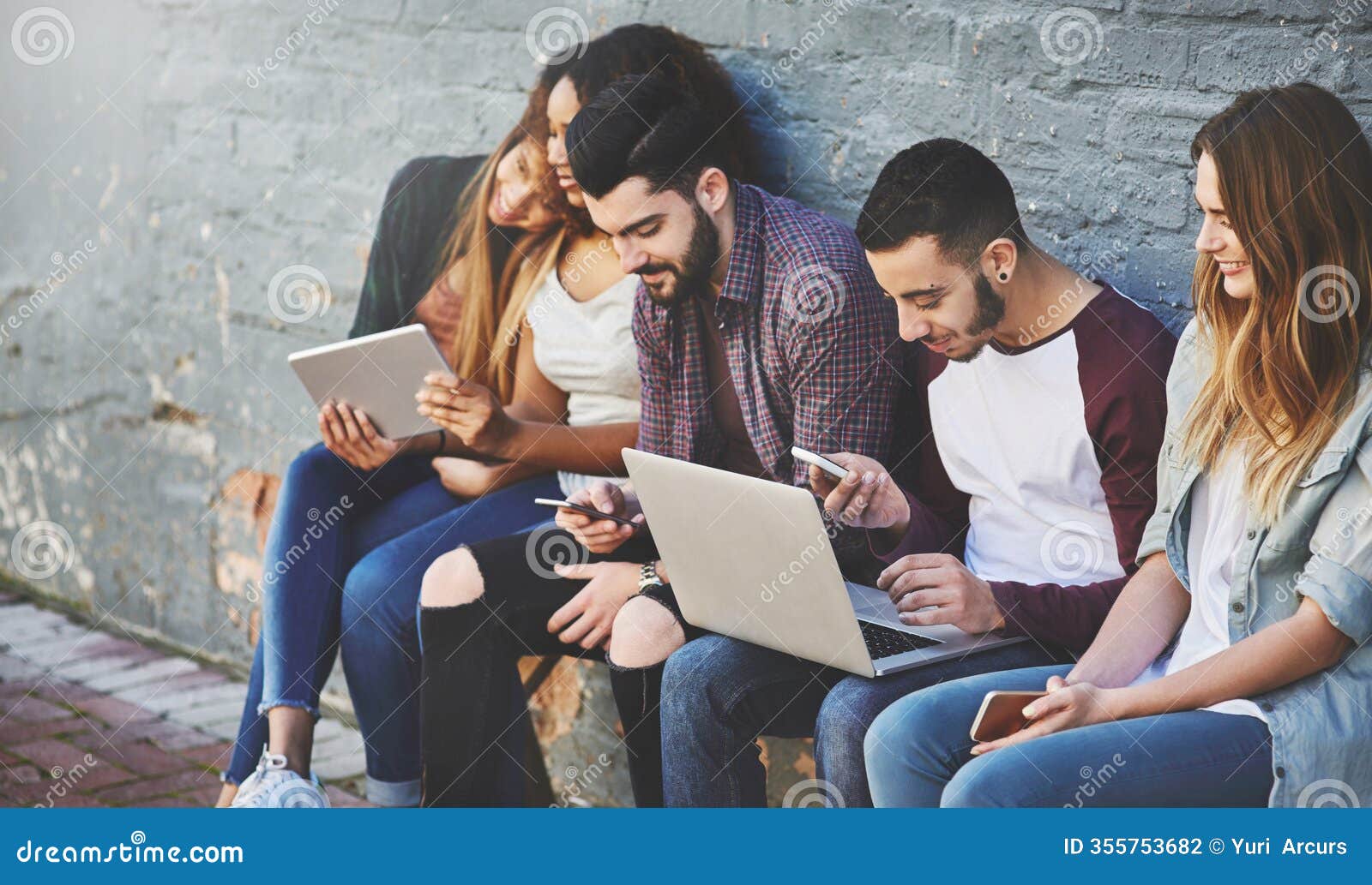 People, Laptop and Wall with Friends for Communication, Email or ...