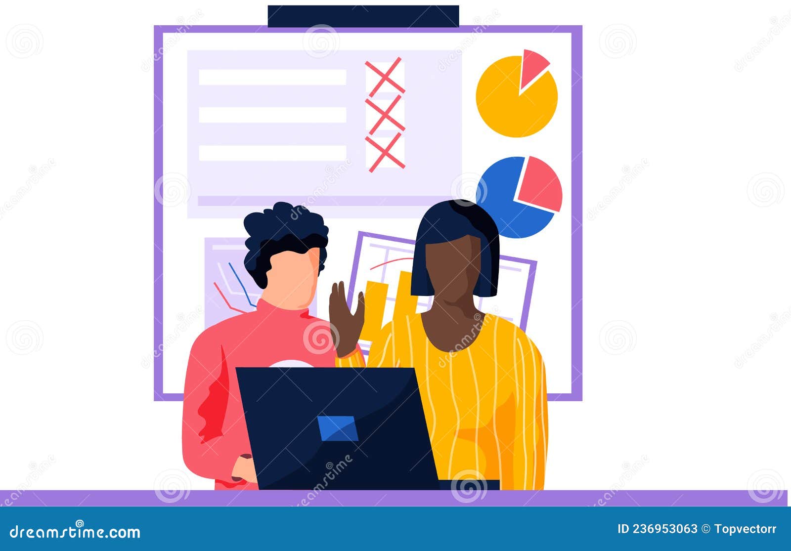 People With Laptop Work With Pie Chart On Poster. Colleagues Analyze ...