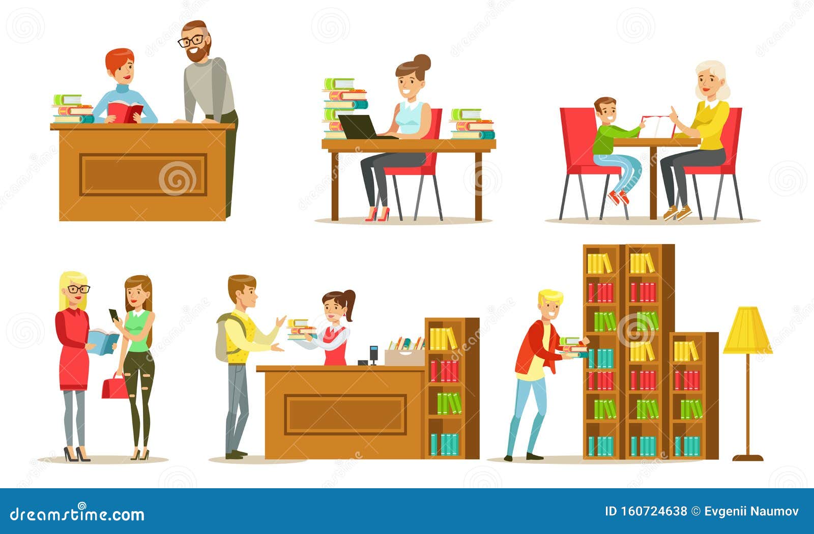 People in Library Set, Visitors and Students Reading Books, Studying ...
