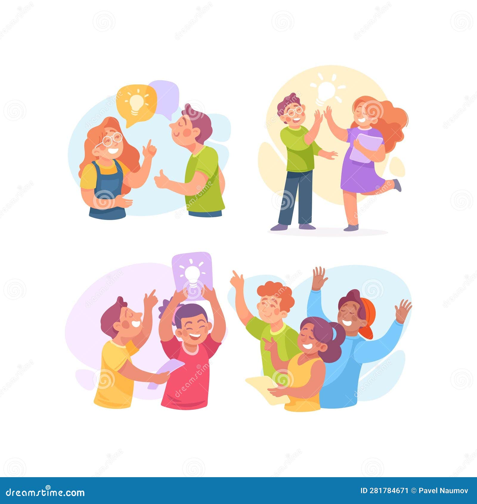 People with Lightbulb Sharing Ideas and Brainstorming Vector Set Stock ...