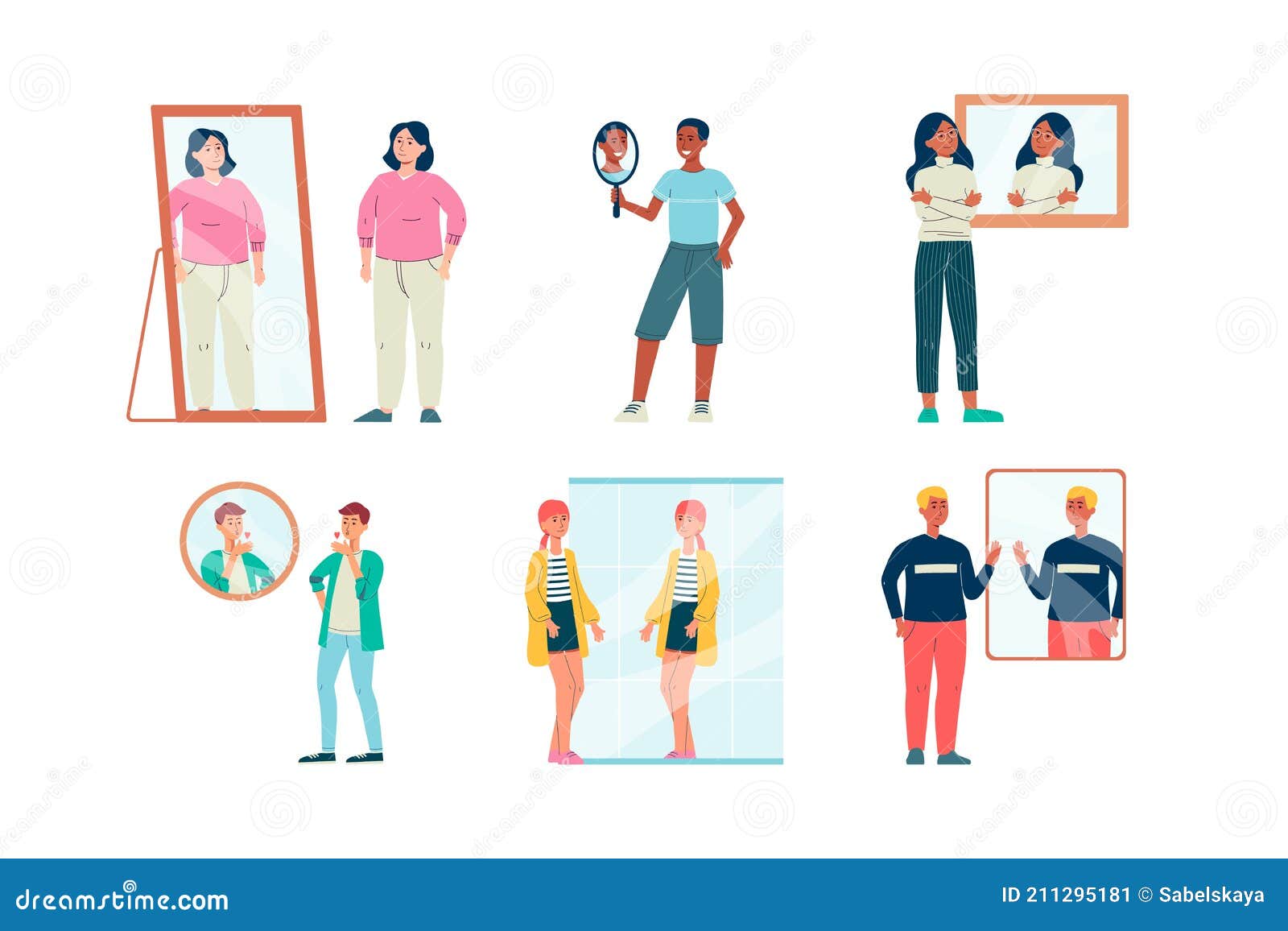 People Look at Their Reflection in Mirror, Flat Vector Illustration ...