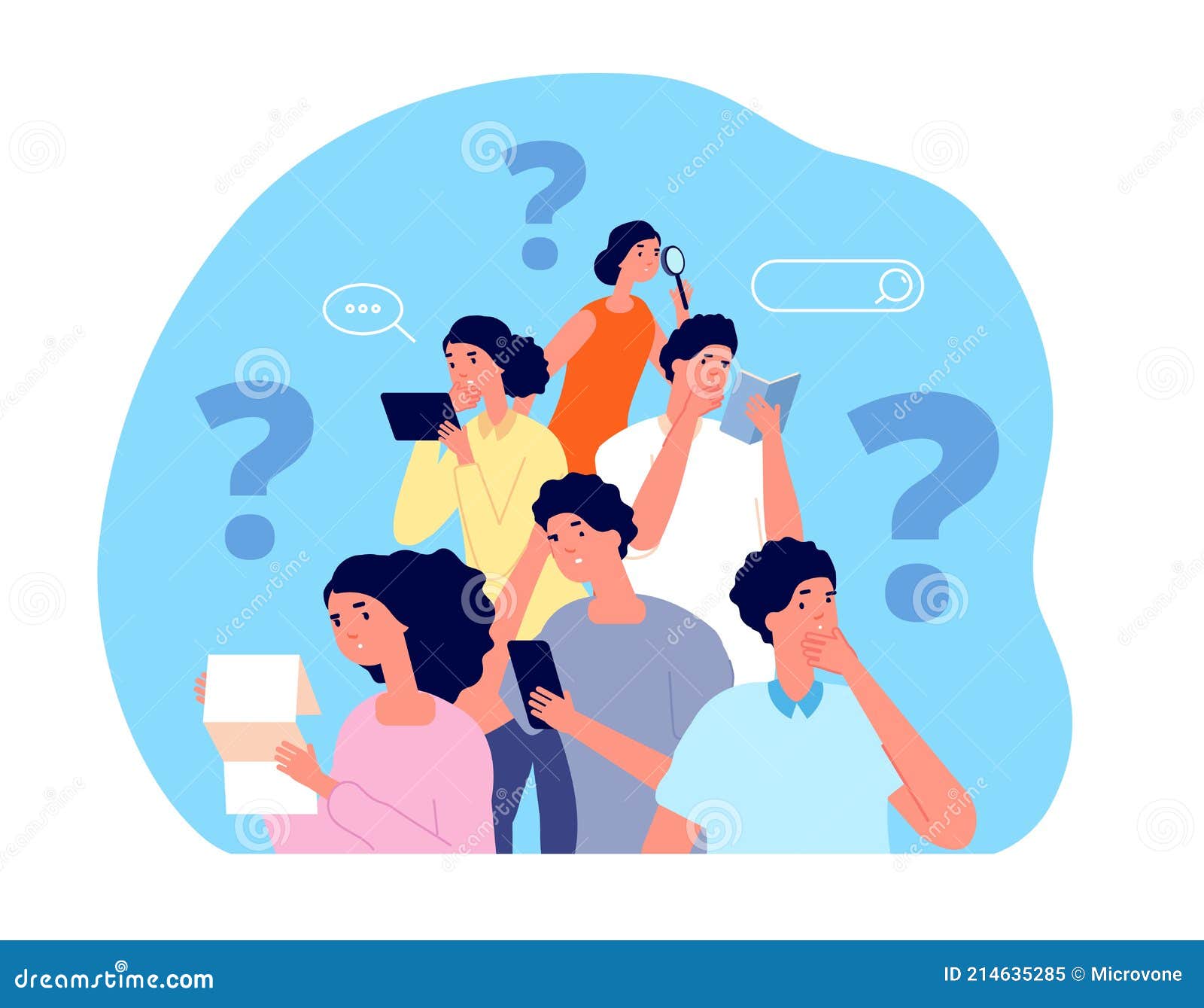 People Looking Answer. Team Search, Giant Question Mark. Brainstorming ...