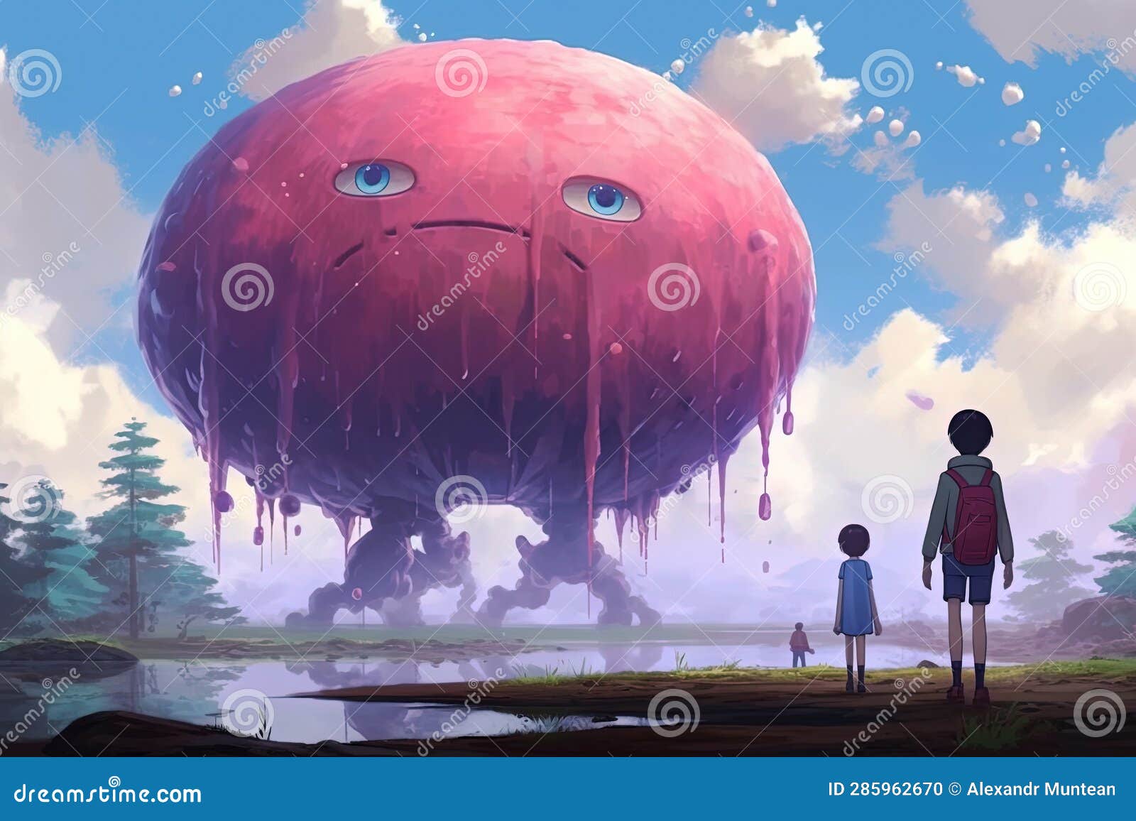 People Looking at Big Sad Monster, Cartoon Image. Stock Illustration ...